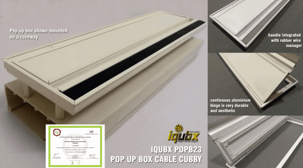 Pop up box electrical cable cubby for desks & conference table
